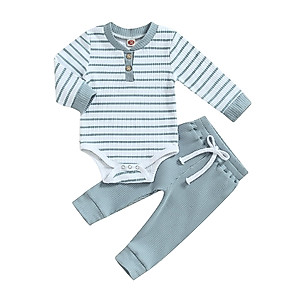 Newborn Baby Boy Girl Clothes Ribbed Knitted Long Sleeve Romper Pants Solid Cotton Infant Fall Winter Outfits 2Pcs (Striped Blue, 0-3 Months)