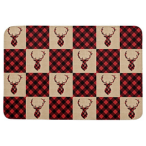 Christmas Bath Rugs Elk Deer Reindeer Sponge Doormat Absorbent Non Slip Backing Durable Soft Flannel Mat Red Buffalo Plaid Checkered Christmas Memory Foam Mats for Bathroom Kitchen 18 x 30 inches