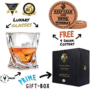 VACI GLASS Crystal Whiskey Glasses - Set of 4 - with 4 Drink Coasters, Crystal Scotch Glass, Malt or Bourbon, Glassware Set