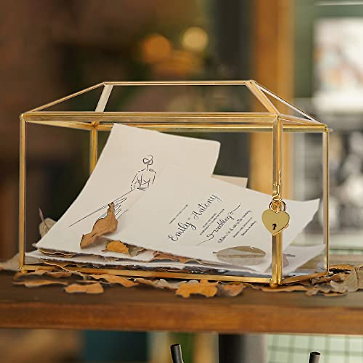 REDHUGO 12.6x5.9x9 inches Large Glass Card Box Handmade with Slot and Lock, Wedding Card Boxes for Reception, Graduation, Gift Cards, Party, Brass Geometric Terrarium, Golden Decorative Box