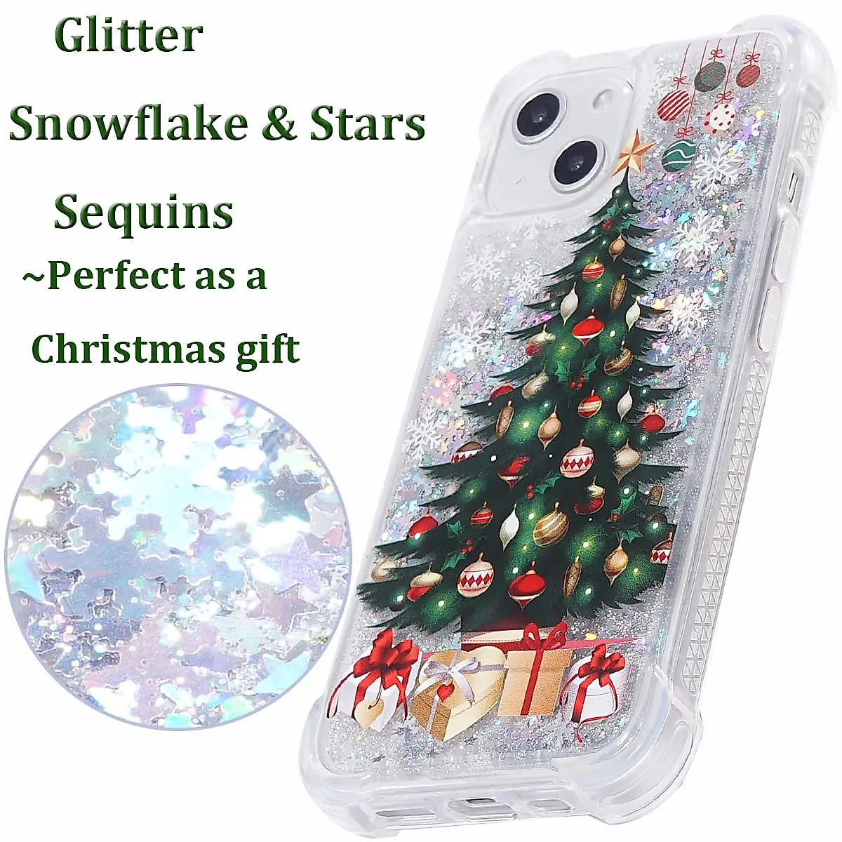 FLOCUTE Glitter Christmas Case Compatible with iPhone 13 Mini Glitter Case Christmas Tree Clear Soft TPU Rubber Bumper Girly Women Cute Liquid Holiday Case for iPhone 13 Mini (Christmas Tree)