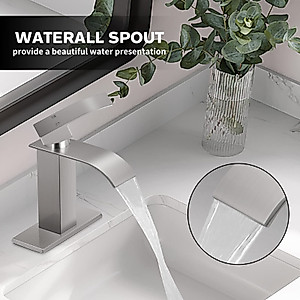 KZH Waterfall Bathroom Faucet,Single Handle 1 or 3 Hole Bathroom Sink Faucet Washbasin Faucet,Rv Vanity Faucet with Deck Plate, Pop-up Drain and Supply Hoses Brushed Nickel