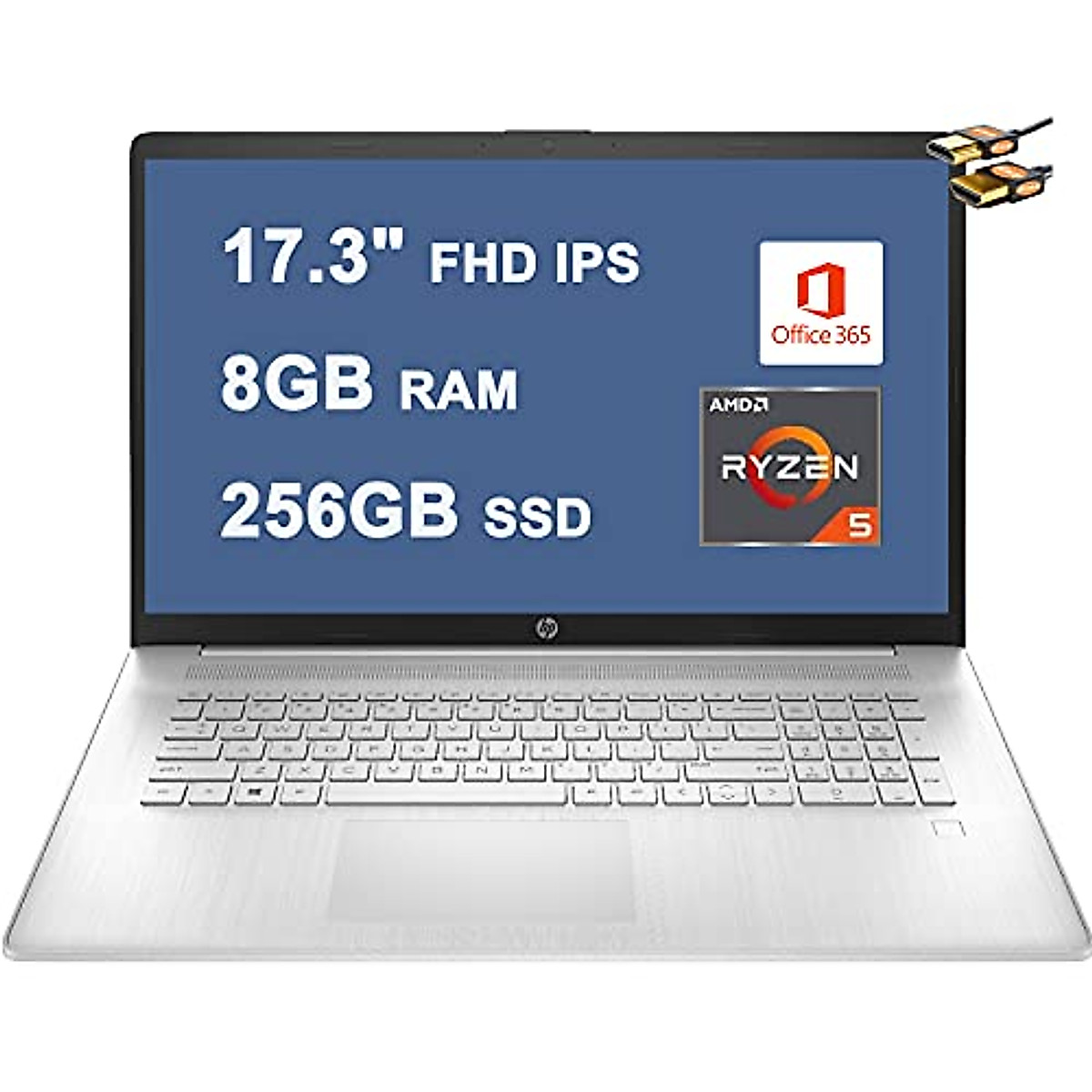 HP 17 Business Laptop Computer 17.3" FHD IPS Display AMD Hexa-Core Ryzen 5 5500U (Beats i7-1160G7) 8GB RAM 256GB SSD Fingerprint Reader USB-C Office365 Win10 Silver + HDMI Cable