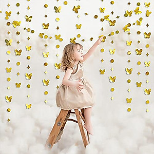 40 Ft Gold Butterfly Garland Metallic Paper Hanging Polka Dots Star Butterflies Streamer Banner for Spring Engagement Wedding Bridal Shower Baby Shower Bachelorette Birthday Party Decorations Supplies