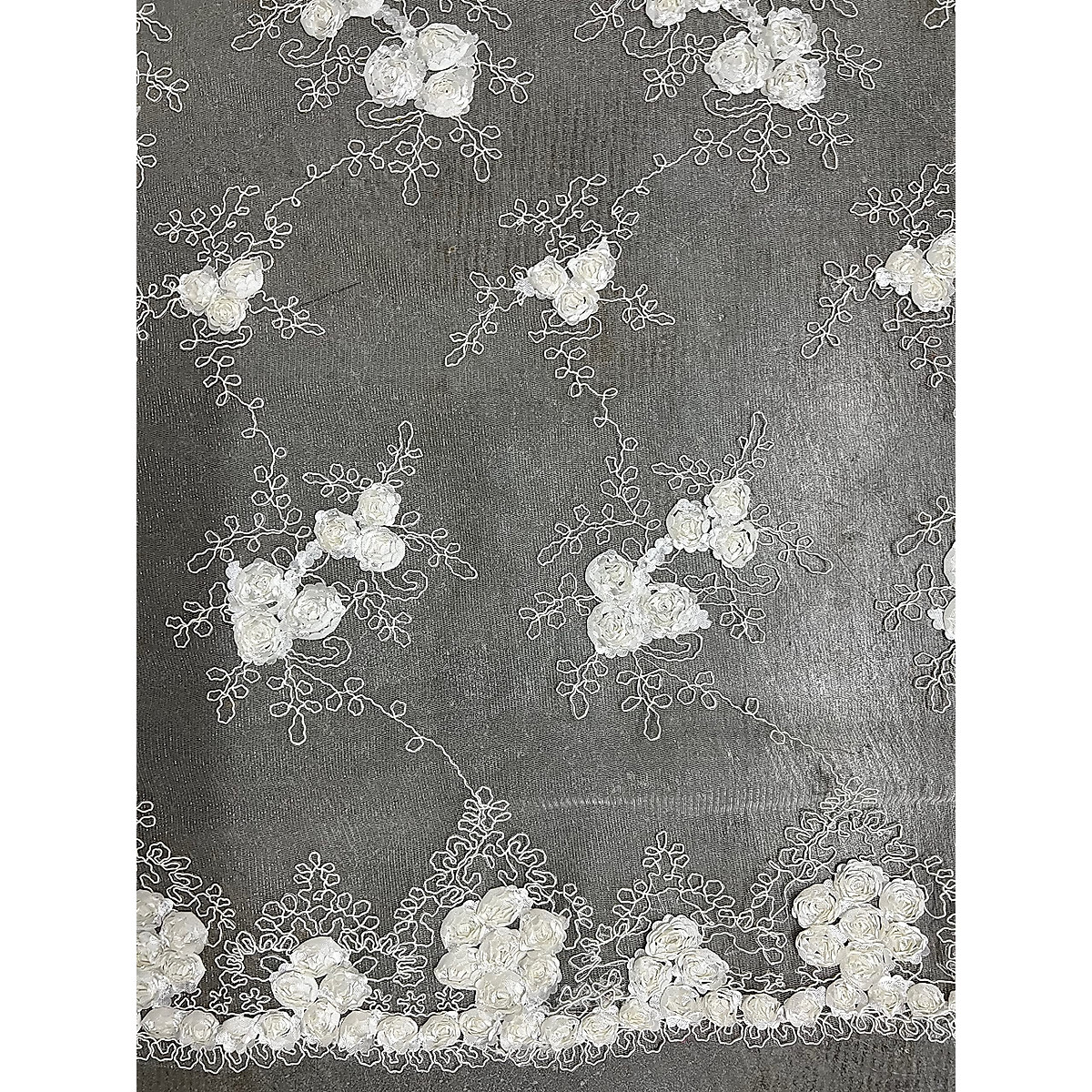 Andrea Ivory 3D Floral Matte Corded Embroidery on Mesh Lace Fabric by The Yard - 10016