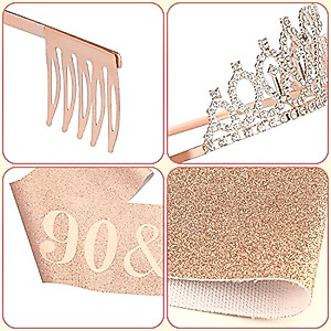 LUTER 5pcs 90th Birthday Crown and Sash Set, Sweet Rhinestone Tiara Queen Sash with Pin Cake Toppers Candles Birthday Decorations for Girls Women (Pink)