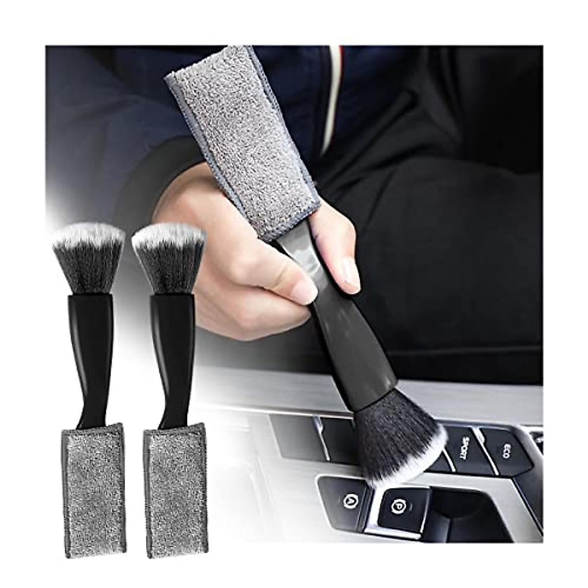 AUCELI Double Head Brush for Car Clean, Soft Nylon Hair and Coral Fleece, Auto Exterior Interior Detailing Brushes, Vehicle Cleaning Kit for Wheels, Engine Bay, Leather Seats, Air Vents (Black/2PCS)