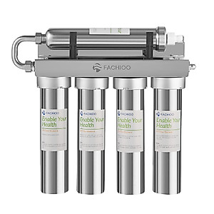 FACHIOO Stainless Steel Water Filter for Sink,0.01μm Ultra-Filtration Under Sink Water Filter System,Tankless 5-Stage High Capacity, Reduces PFAS, PFOA/PFOS,Chlorine,Bad Taste Odor(5 Filter Included)
