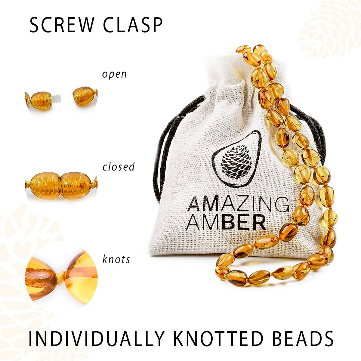 AMAZING AMBER Necklace - 100% Authentic Amber (Golden Honey, 13.5 inches), Certified Amber Necklace with Safety Clasp and Knotted Beads - Real Amber Necklace