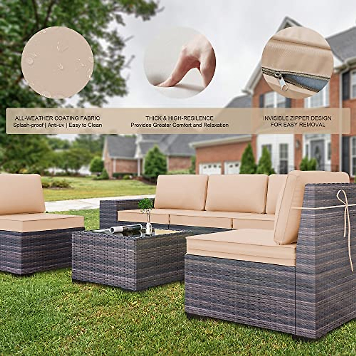 Grezone Patio Outdoor Furniture Sets with Fire Pit Table 7 Piece All Weather Wicker Conversation Sectional Sofa Couch Lawn Sectional Furniture with Washable Couch Cushions and Wicker Table, Beige