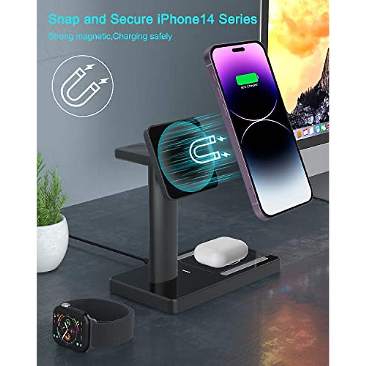 3 in1 Magnetic Wireless Charger Stand,2022 Upgraded Aluminum Alloy 20W Fast Wireless Charging Station Compatible with Magsafe Charger for iPhone 14/13/12 Pro/Pro Max/Mini/iWatch Series/AirPods Pro/3/2