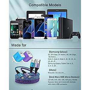 4-in-1 Android Chargers, USB Wall Charger + Micro USB Cable Multipack Fast for Samsung Galaxy S7 S6 J8 J7 J3, Kindle Fire Old Version Paperwhite Kids e-Reader Stick, Long USB A to Micro B Cords 6 Ft