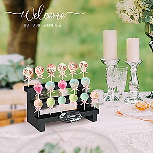 Y&ME YM Cake Pop Stand, 3-Tier Cake Pop Holder with Decor Sign, Lollipop Stand for Dessert Display, 17 Holes Cakepops Stick Stand, Wood Cake Stand for Wedding/Birthday/Baby Shower/Party (Black)