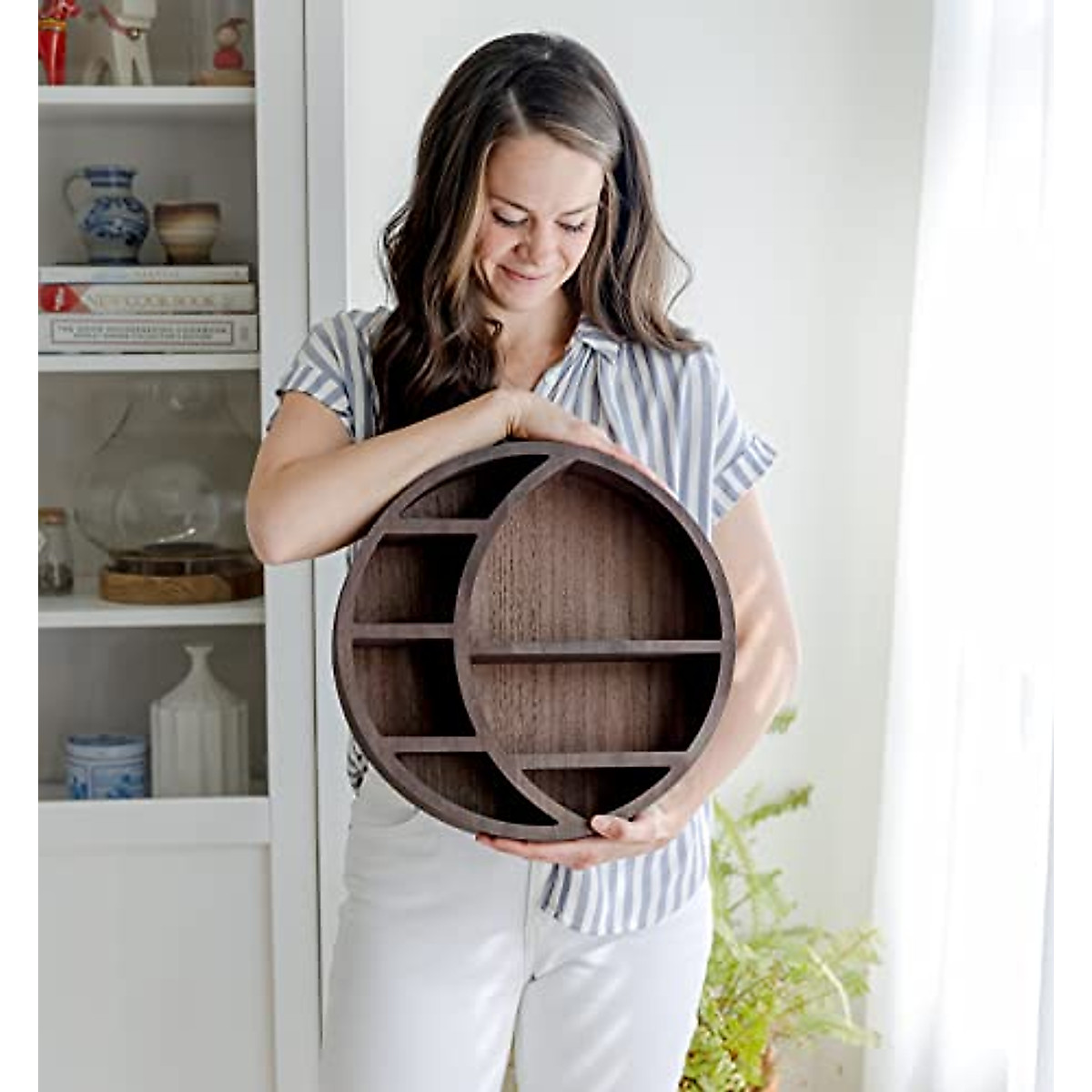 Crescent Moon Shelf Wall Decor - Rustic Wooden Moon Shelf for Crystals, Stones & Essential Oils - Wall-Mounted & Easy to Hang - Boho Shelf for Nursery or Bedrooms - 14 x 14 x 3.5 in. (Dark Brown)