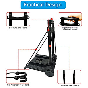 Folding Hand Truck Trolley 80Kg/176Lbs Heavy Duty Luggage Utility Cart with Rotate 4 Wheels Warning Sign Telescoping Handle Portable Fold Up Dolly Bungee Cord for Moving Shopping Travel(Black Pro)