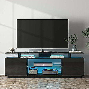 DMAITH Black LED TV Stand for 65 70 75 Inch TV, Modern High Gloss Gaming Entertainment Center with Large Storage Cabinet, TV Media Center with Display Glass Shelves for Living Room, Bedroom