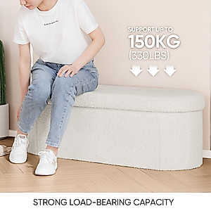 B FSOBEIIALEO Ottoman with Storage for Living Room, Sherpa Folding Storage Ottoman Foot Rest, 43.3 Inches Collapsible Bedroom Bench White