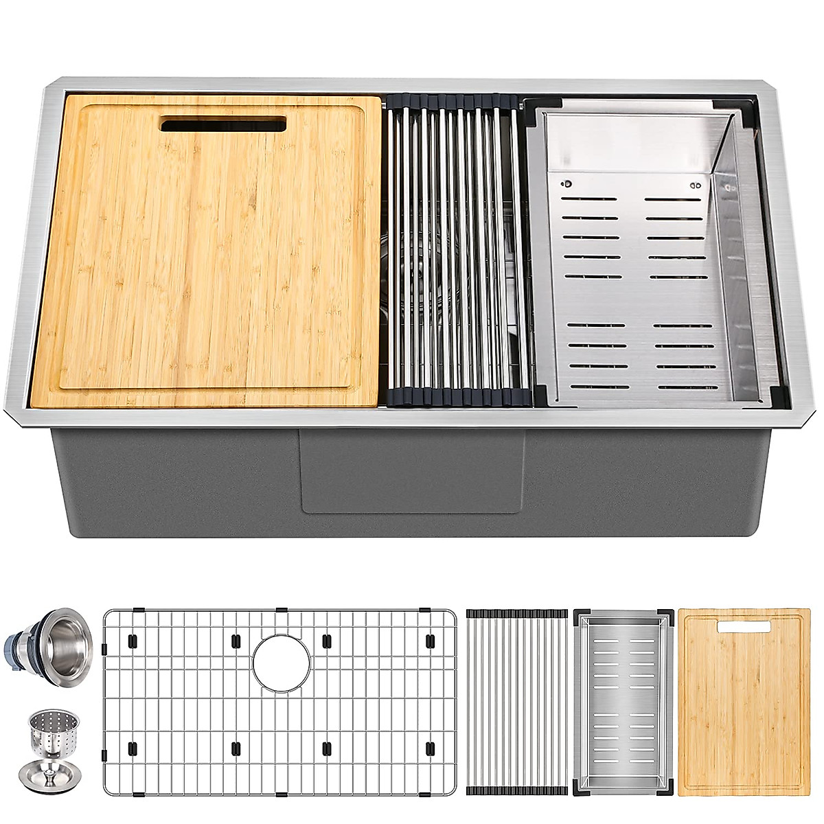 Hykolity 33-inch Undermount Workstation Kitchen Sink, 16 Gauge Single Bowl Stainless Steel Kitchen Sink with Integrated Ledge and Accessories