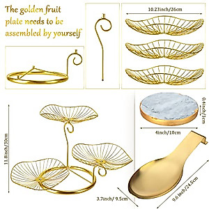 3 Tier Fruit Basket Stand Decorative Iron Fruit Bowl with 4 Pcs Round Coasters Gold Edge Marble Coaster Gold Spoon Rest for Kitchen Counter Stainless Ladle Spoon for Table Home Counter Wedding party