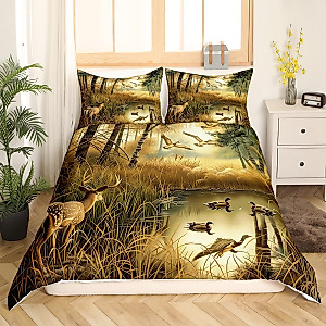 Feelyou Cute Deer Bedding Set King Size Deer Hunting Bedding Duvet Cover Set Antlers Mallard Duck Wild Animal Wild Duck Hunting Fall Tree Lake Comforter Cover Set Yellow Bedspread Cover(No Comforter)