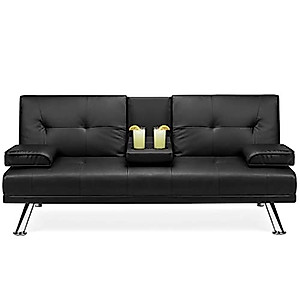 Sofas Leather Upholstered Convertible Sofa Bed Futon W/ 2 Cupholders Comfortable Simple Assembly (Color : A)