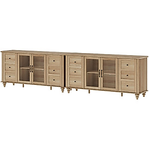 WAMPAT 116'' Farmhouse TV Stand for TVs Up to 110 inch,Glass and Wood Universal TV Stand with Storage Cabinets,White Entertainment Center for 32-110 inch TV Console Table,Oak