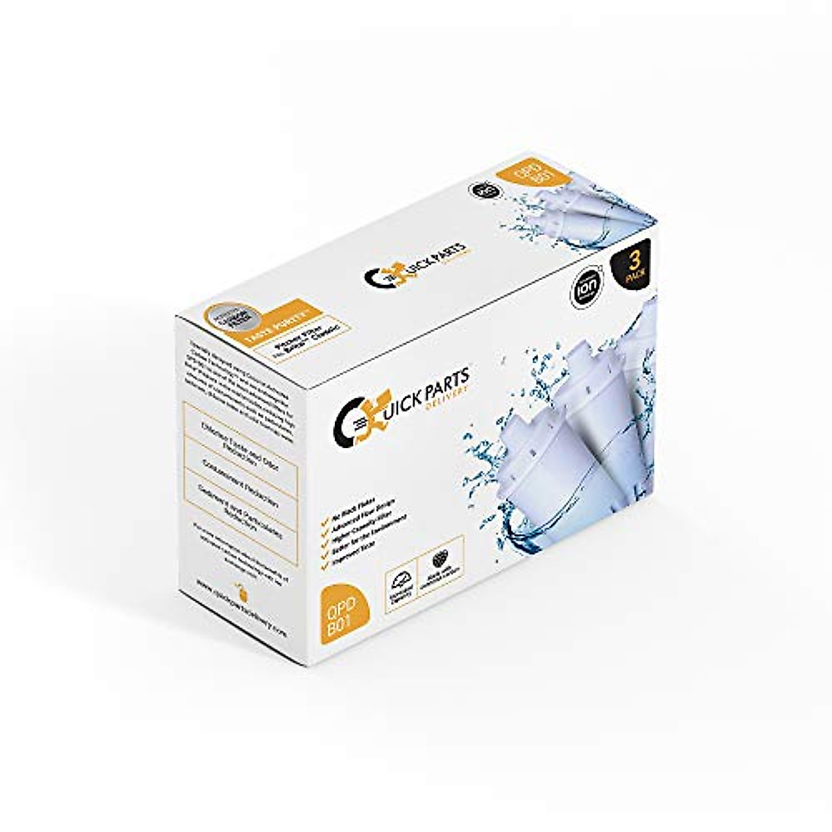 QPD-B01 - Compatible With Brita Replacement Filter, Brita Classic Reduces Chlorine, taste and odor, chloramine, particulate, iron, manganese, zinc and total dissolved solids (TDS) OB03 (3 Pack)