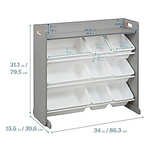 ECR4Kids 3-Tier Organizer with Shelf and 9 Bins, Toy Storage, Grey/White