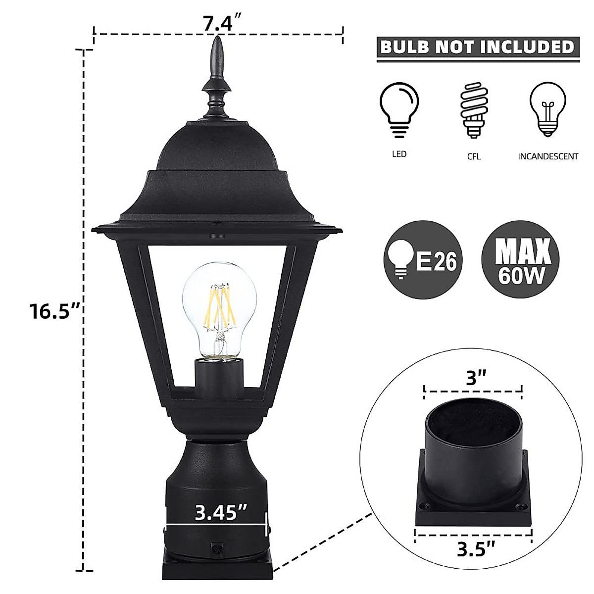 Windben Outdoor Post Light,Lamp Post Light Fixture,Post Lantern with Pier Mount Base,Matte Black,7.4in,Suitable for Gardens,Yards,Balconies,Passages or Entrances,etc