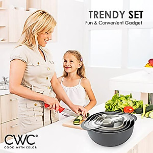 COOK WITH COLOR 8 Piece Nesting Bowls with Measuring Cups Colander and Sifter Set - Includes 2 Mixing Bowls, 1 Colander, 1 Sifter and 4 Measuring Cups, Gray