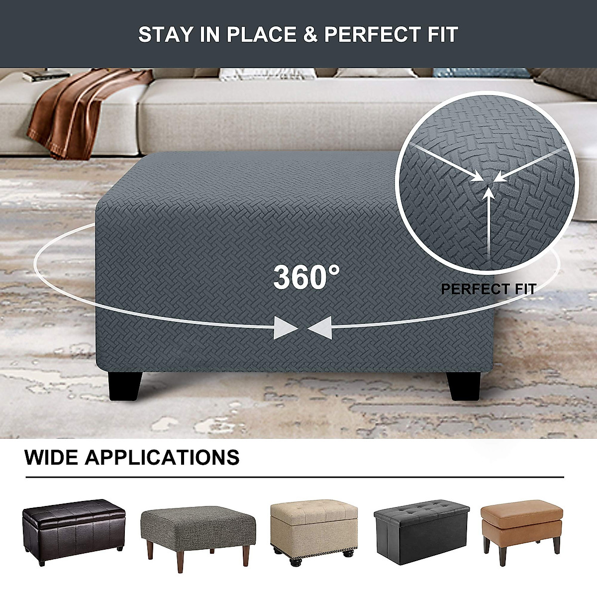 Qishare Ottoman Cover, Footstool Protector Stretch Rectangle Sofa Slipcovers with Elastic Bottom Super Soft Universal Covers, Machine Washable(Large, Gray)