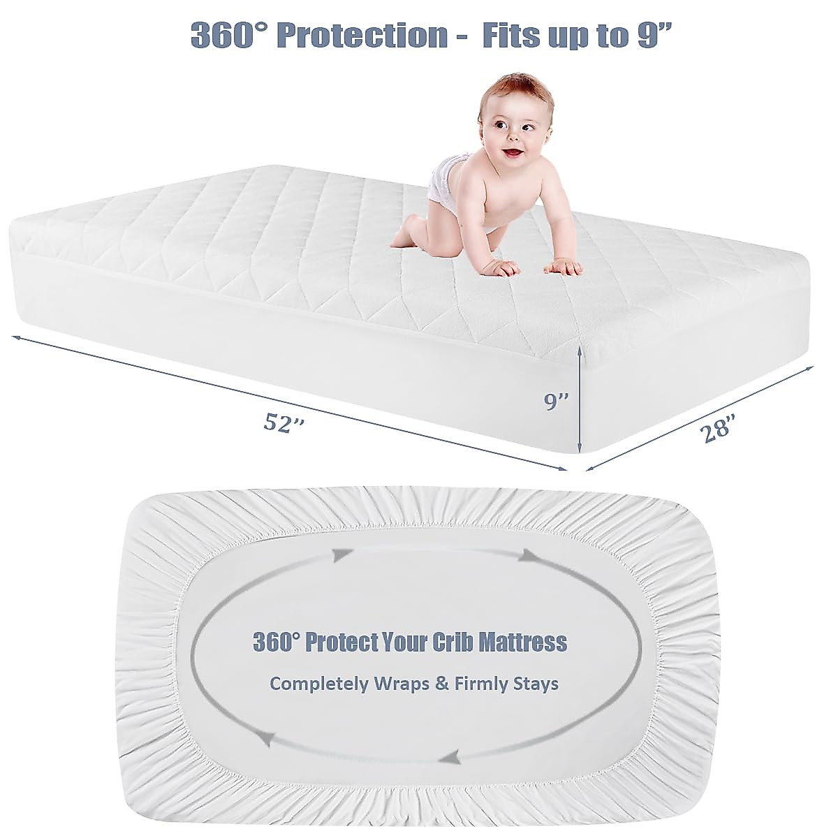 Waterproof Crib Mattress Protector, Baby Mattress Cover, Soft and Breathable Quilted Toddler Mattress Pad 52"×28", White, 2 Pack