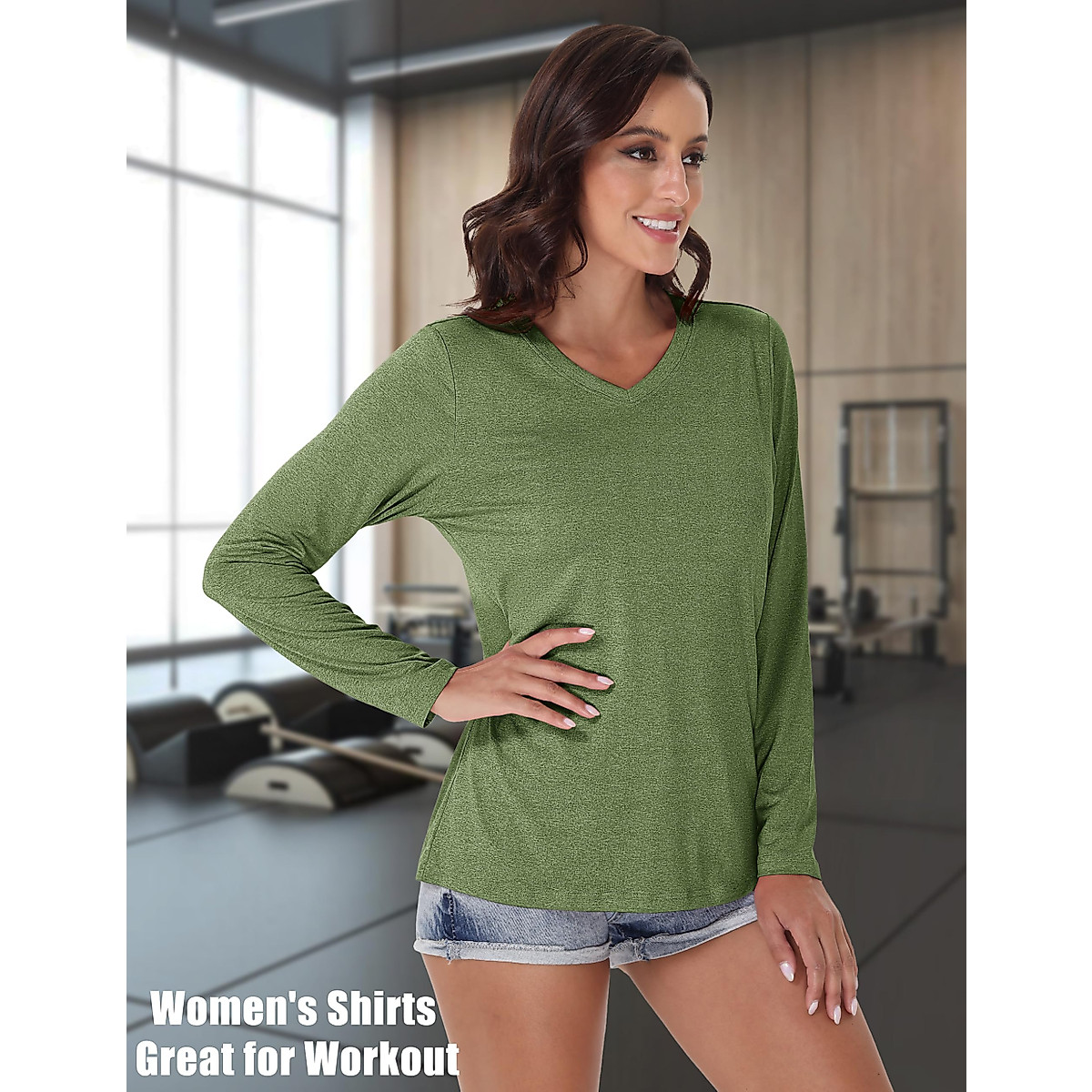 MAGCOMSEN Women's Long Sleeve Shirts UPF 50+ Lightweight V Neck Quick Dry Running Hiking Tops for Women Army Agreen,XXL