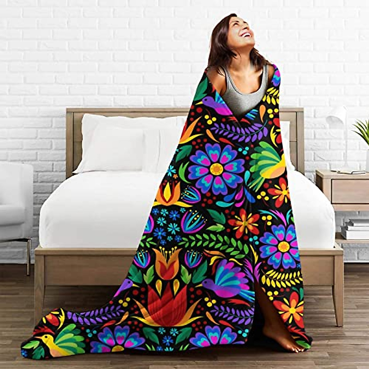 Pubnico Colorful Mexican Floral and Bird Blanket , Flannel Blanket Fluffy Cozy Fuzzy Throws Non-Shedding for Nap Bed Sofa Couch Home Decor