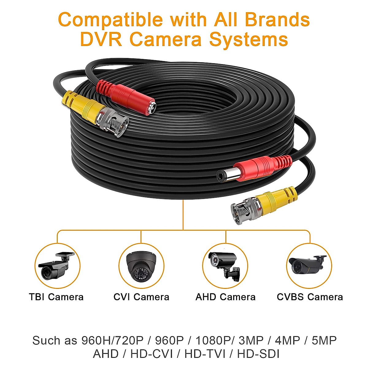 WildHD 4x200ft BNC Cable All-in-One Siamese Video and Power Security Camera Cable Extension Wire Cord with 2 Female Connectors for All Max 5MP HD CCTV DVR Surveillance System, 200ft 4pack Cable, Black