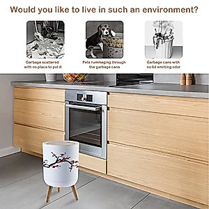 Small Trash Can with Lid Bird on Cherry Blossoms Branches Ink Oriental Style Painting 7 Liter Round Garbage Can Elasticity Press Cover Lid Wastebasket for Kitchen Bathroom Office 1.8 Gallon