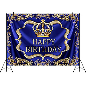 Aperturee Royal Blue and Gold Happy Birthday Backdrop 7x5ft Little Baby Boy Prince King Crown Photography Background Celebration Party Decoration Supplies Cake Table Banner Photo Booth Prop