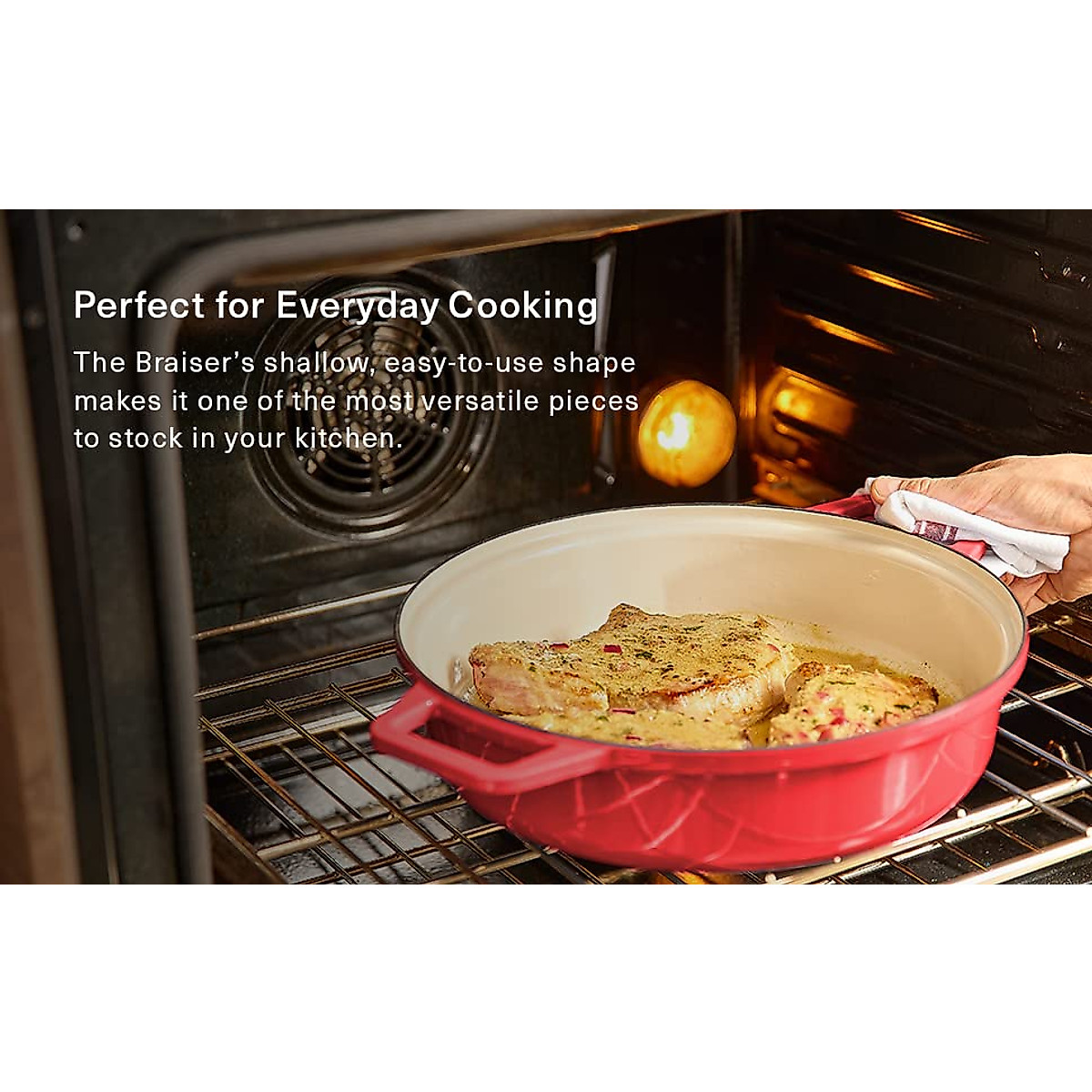 Misen Enameled Cast Iron Braiser Pan with Lid - Shallow Depth for Braising & Poaching - Durable Cookware - Oven Safe - Easy Handling - Chip-Resistant Enamel - Multi-Purpose Cooking - Red