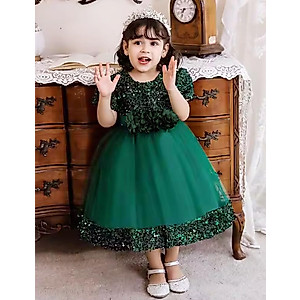 AGQT Toddler Girls Sequin Tutu Dress Big Bow-Knot Princess Short Sleeve Dress Sequin Dress for Babies Lace Birthday Party Elegant Formal Dress Green Size 12-18 Months