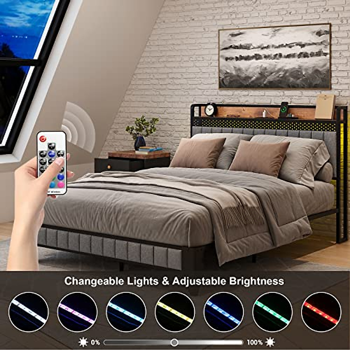 Saudism Full Size Bed Frame with Charging Station, Bed Frame with Led Lights, Full Platform Bed Frame with Soft Storage Headboard, Sturdy and Durable, No Box Spring Needed, Rustic Wood + Steel, Grey