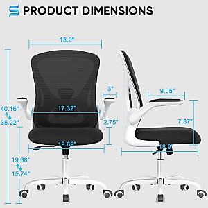 Sytas Ergonomic Desk Chair with Padded Flip up Arms and Supportive Lumbar Support, Breathable Mesh Home Office Chair with Comfortable Cushion for Home or Office(White)