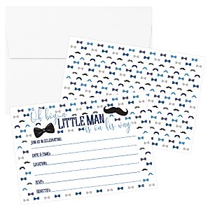 DISTINCTIVS It's a Boy Little Man Themed Baby Shower Invitations - 10 Fill In Invite Cards with White Envelopes - Bowties and Mustaches