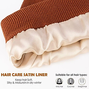 3 Pack Satin Lined Winter Beanie Hats for Women Men,Silk Lined Beanie Knit Soft Warm Cuffed Hat(Black+Dark Gray+Caramel)