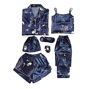 SheIn Women's 7pcs Pajama Set Cami Pjs with Shirt and Eye Mask Royal Blue Medium