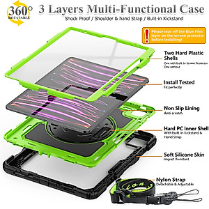 SEYMAC stock Case for iPad Pro 12.9'' 2022/2021/2020/2018 with Screen Protector 360 Rotating Stand Hand Strap, Drop-Proof Case for iPad Pro 12.9''(6th/5th/4th/3rd Generation), Green/Black