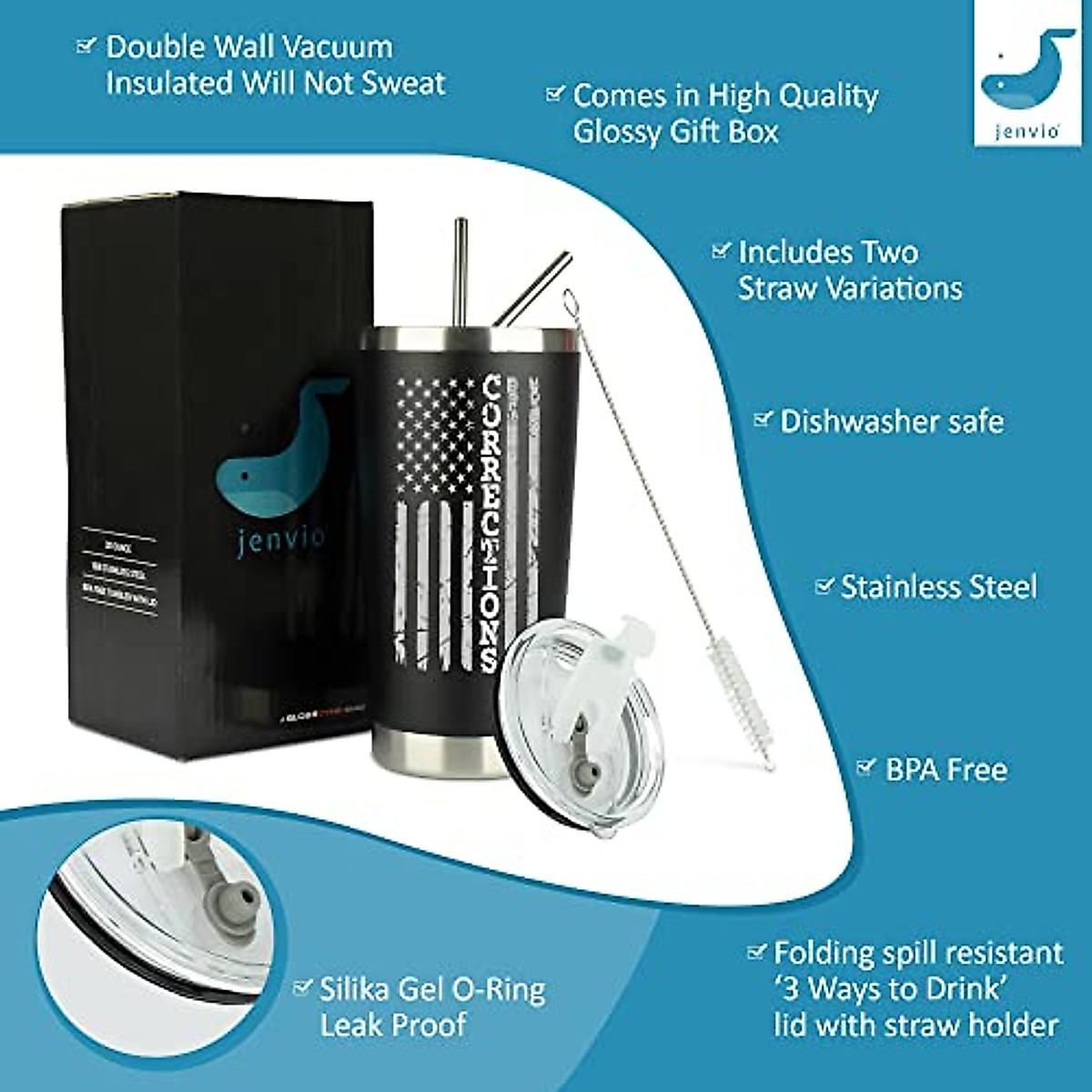 JENVIO Correctional Officer Gifts - 20 Ounce Stainless Steel Hot/Cold Travel Tumbler/Mug with lid and 2 straws for Coffee Cup - Fathers Day Corrections Accessories | Prison Guard Gift