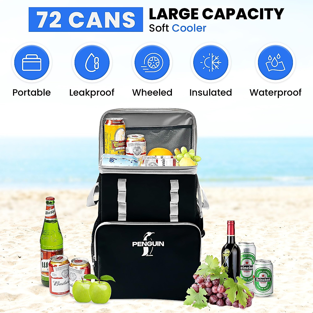 PENGUIN Coolers Polar Pak - Insulated Leakproof Portable Cooler, Waterproof Zippers - Collapsible Trolley Cooler with 4 Wheels - Removable Top & Mesh Side Pockets for Extra Storage - 72 Can Capacity
