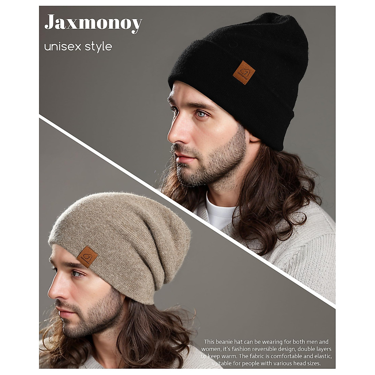 jaxmonoy Wool Cashmere Slouchy Knit Beanies Winter Hats for Women Men Soft Warm Double Layer Reversible Lightweight Slouch Cuffed Skull Beanie Cap - Black
