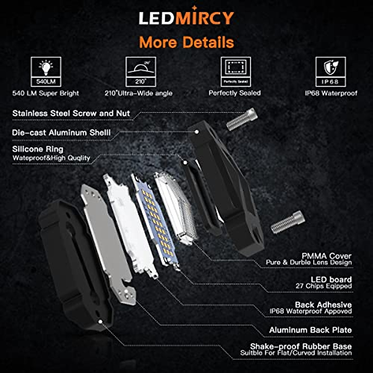 LEDMIRCY R2 White LED Rock Lights 8PCS for JE-EP Trucks Off Road ATV UTV SUV RZR Pure White Under Body Light Super Bright High Power Under Glow Light Trail Rig Lights Waterproof for Car Auto Boat