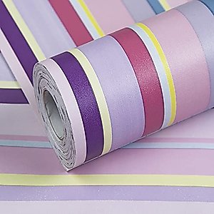 PoetryHome Self Adhesive Vinyl Seven Colors Stripe Peel & Stick Wallpaper Shelf Liner for Walls Nursery Girls Bedroom Cabinets Dresser Drawer Furniture Decal Removable Waterproof 17.7x117 Inche